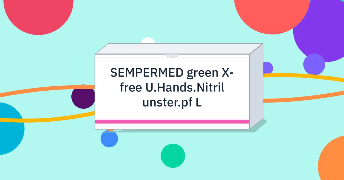 Symbolbild: Packung mit der Aufschrift SEMPERMED green X-free U.Hands.Nitril unster.pf L (PZN 19961512) – Verfügbarkeit und Bezug in Apotheken in Frankfurt am Main