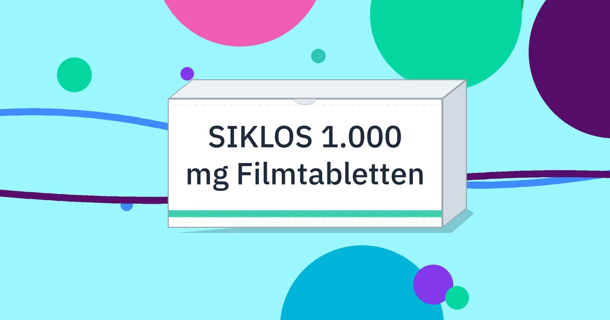 Symbolbild: Packung mit der Aufschrift SIKLOS 1.000 mg Filmtabletten (PZN 14041184) – Verfügbarkeit und Bezug in Apotheken in Frankfurt am Main