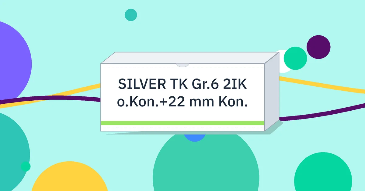 Symbolbild: Packung mit der Aufschrift SILVER TK Gr.6 2IK o.Kon.+22 mm Kon. (PZN 10317212) – Verfügbarkeit und Bezug in Apotheken in Frankfurt am Main
