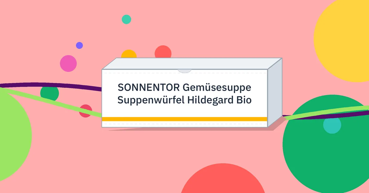 Symbolbild: Packung mit der Aufschrift SONNENTOR Gemüsesuppe Suppenwürfel Hildegard Bio (PZN 18903352) – Verfügbarkeit und Bezug in Apotheken in Frankfurt am Main