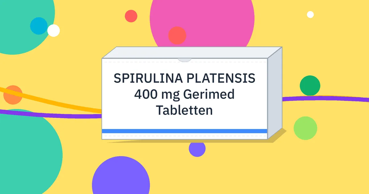 Symbolbild: Packung mit der Aufschrift SPIRULINA PLATENSIS 400 mg Gerimed Tabletten (PZN 04698724) – Verfügbarkeit und Bezug in Apotheken in Frankfurt am Main