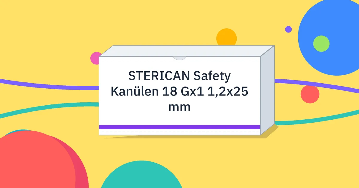 Symbolbild: Packung mit der Aufschrift STERICAN Safety Kanülen 18 Gx1 1,2x25 mm (PZN 18472337) – Verfügbarkeit und Bezug in Apotheken in Frankfurt am Main
