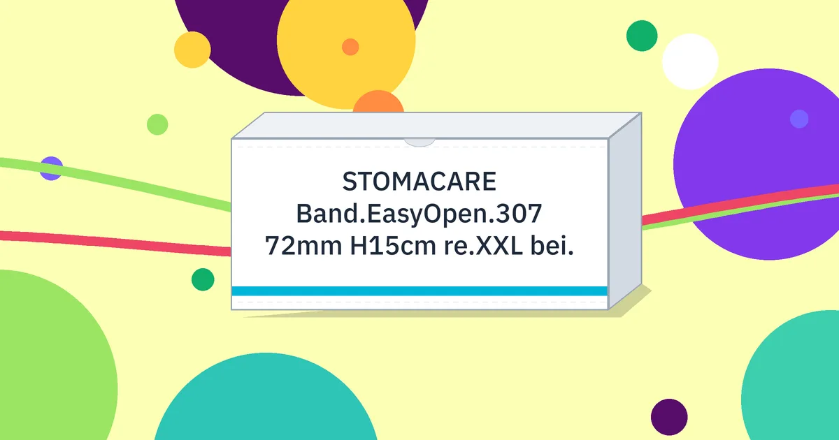 Symbolbild: Packung mit der Aufschrift STOMACARE Band.EasyOpen.307 72mm H15cm re.XXL bei. (PZN 07665731) – Verfügbarkeit und Bezug in Apotheken in Frankfurt am Main