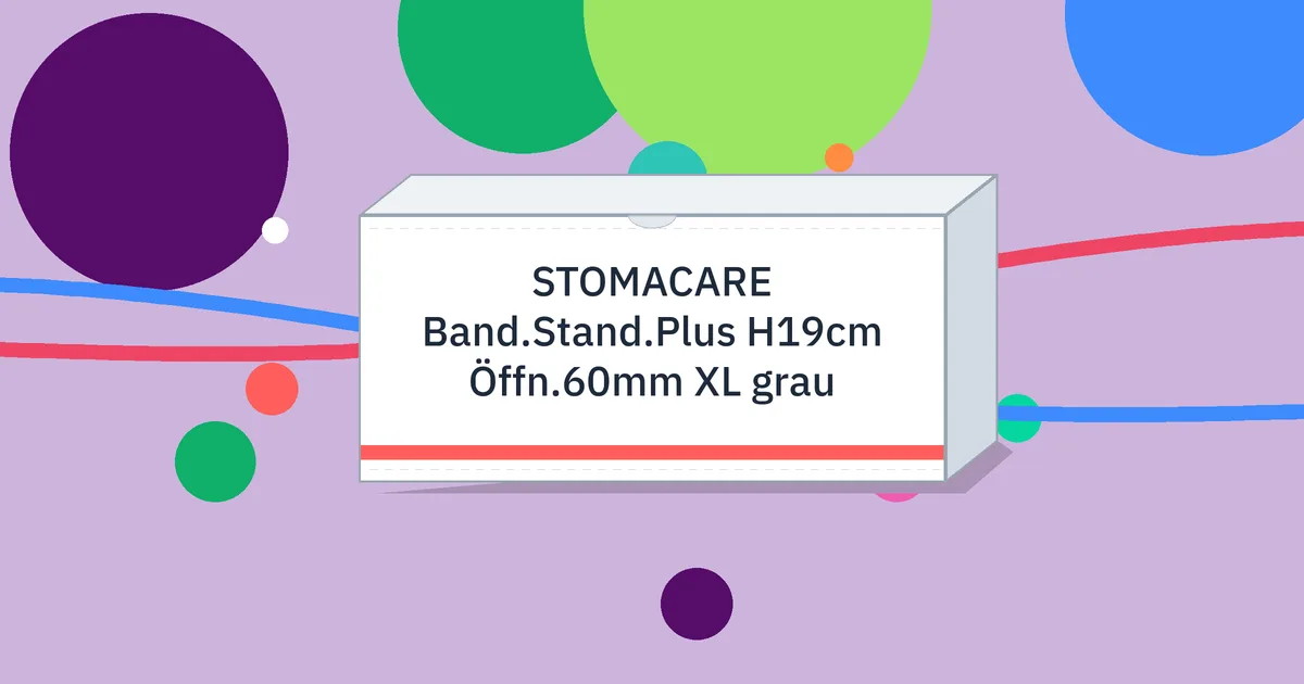 Symbolbild: Packung mit der Aufschrift STOMACARE Band.Stand.Plus H19cm Öffn.60mm XL grau (PZN 16750565) – Verfügbarkeit und Bezug in Apotheken in Frankfurt am Main
