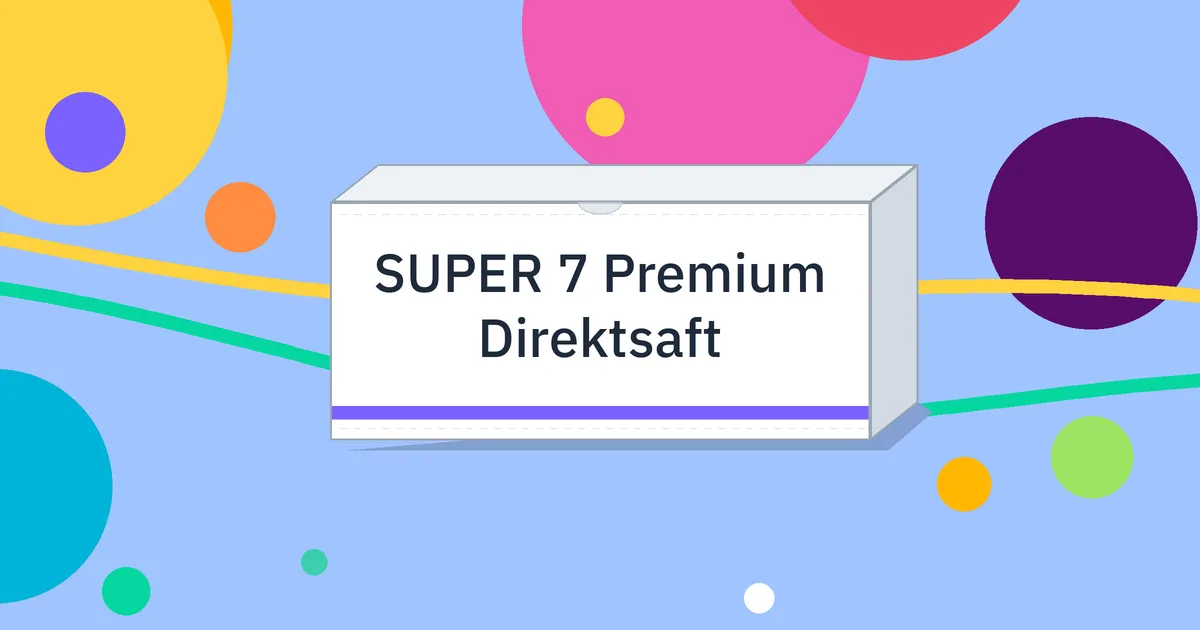 Symbolbild: Packung mit der Aufschrift SUPER 7 Premium Direktsaft (PZN 07214980) – Verfügbarkeit und Bezug in Apotheken in Frankfurt am Main