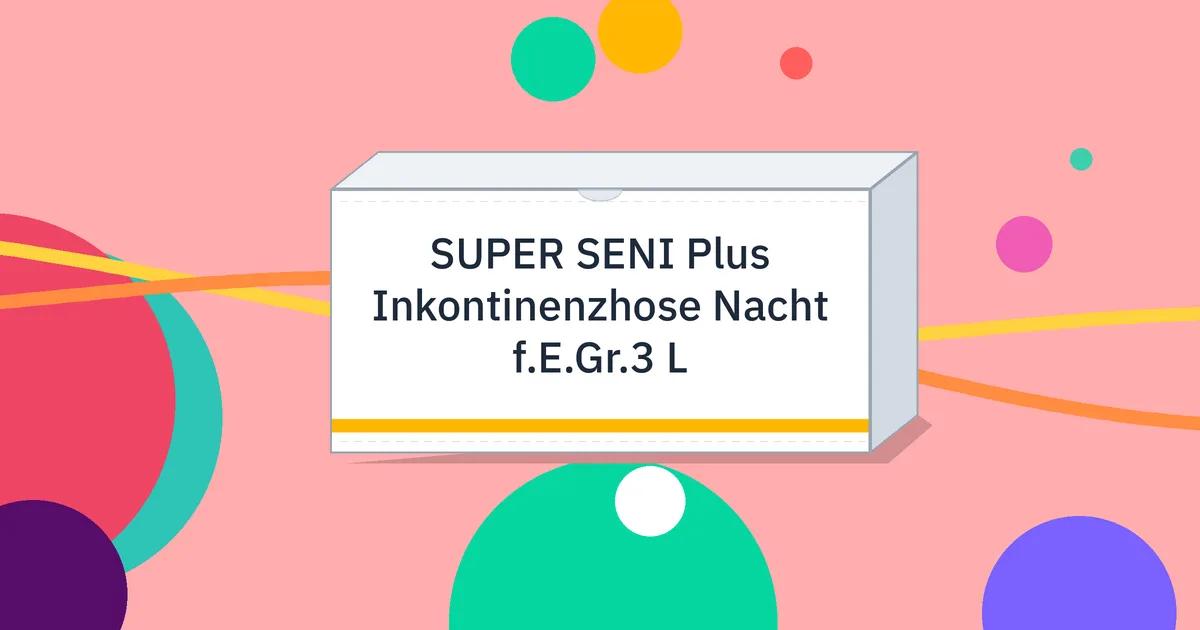 Symbolbild: Packung mit der Aufschrift SUPER SENI Plus Inkontinenzhose Nacht f.E.Gr.3 L (PZN 18011694) – Verfügbarkeit und Bezug in Apotheken in Frankfurt am Main