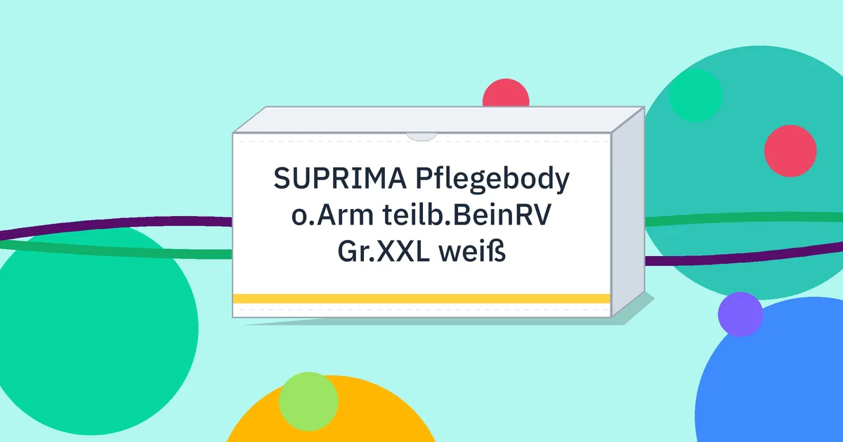 Symbolbild: Packung mit der Aufschrift SUPRIMA Pflegebody o.Arm teilb.BeinRV Gr.XXL weiß (PZN 09253613) – Verfügbarkeit und Bezug in Apotheken in Frankfurt am Main