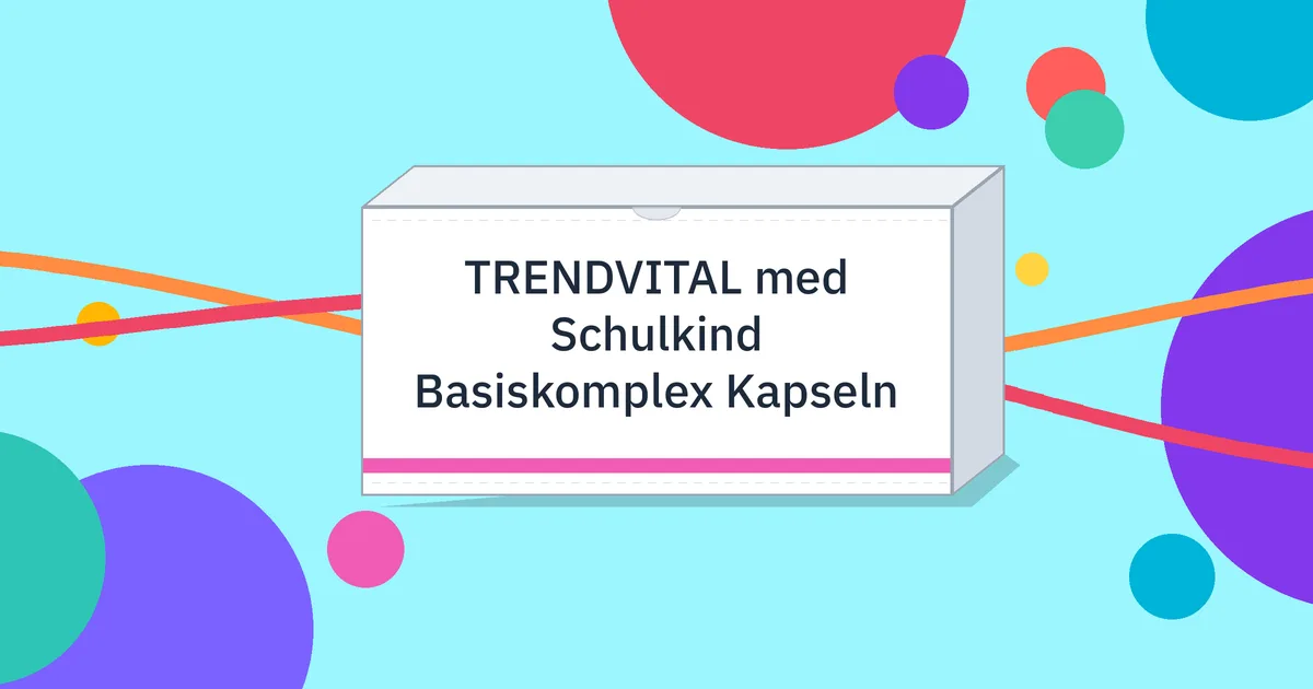 Symbolbild: Packung mit der Aufschrift TRENDVITAL med Schulkind Basiskomplex Kapseln (PZN 12562996) – Verfügbarkeit und Bezug in Apotheken in Frankfurt am Main