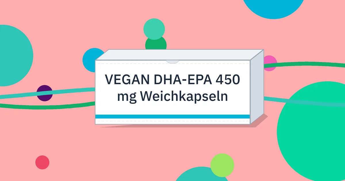 Symbolbild: Packung mit der Aufschrift VEGAN DHA-EPA 450 mg Weichkapseln (PZN 18354388) – Verfügbarkeit und Bezug in Apotheken in Frankfurt am Main