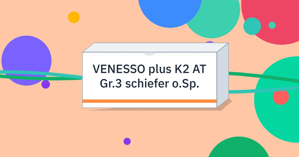 Symbolbild: Packung mit der Aufschrift VENESSO plus K2 AT Gr.3 schiefer o.Sp. (PZN 03288527) – Verfügbarkeit und Bezug in Apotheken in Frankfurt am Main