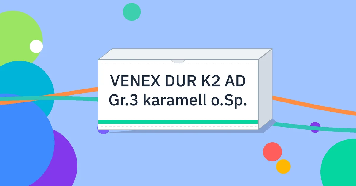 Symbolbild: Packung mit der Aufschrift VENEX DUR K2 AD Gr.3 karamell o.Sp. (PZN 13757443) – Verfügbarkeit und Bezug in Apotheken in Frankfurt am Main