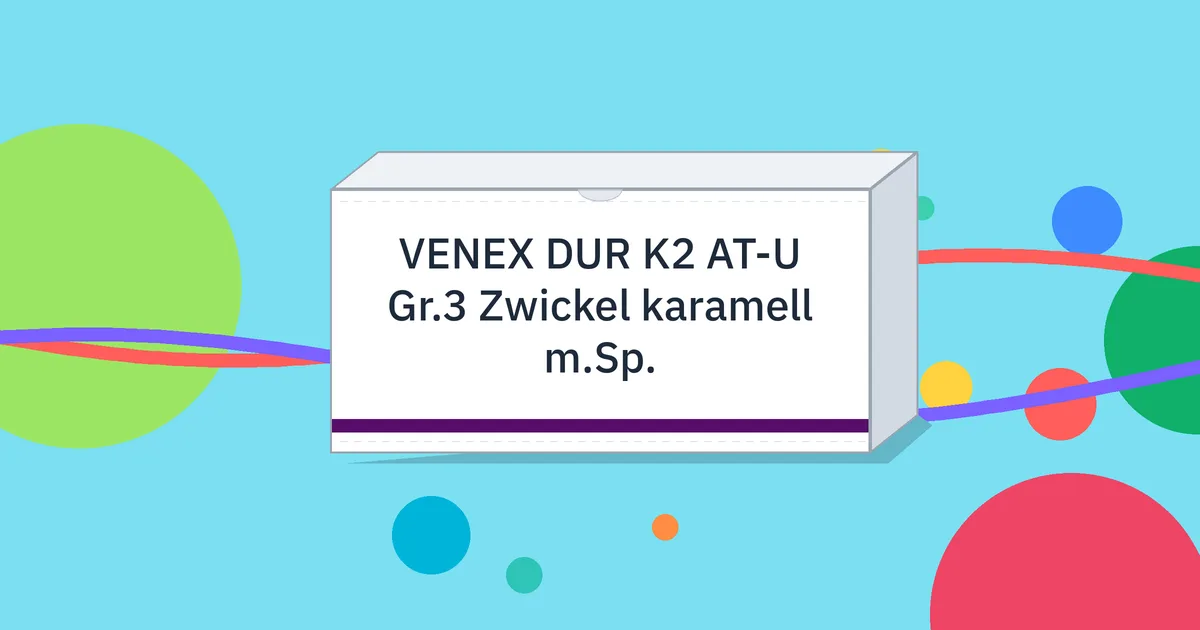 Symbolbild: Packung mit der Aufschrift VENEX DUR K2 AT-U Gr.3 Zwickel karamell m.Sp. (PZN 13759502) – Verfügbarkeit und Bezug in Apotheken in Frankfurt am Main