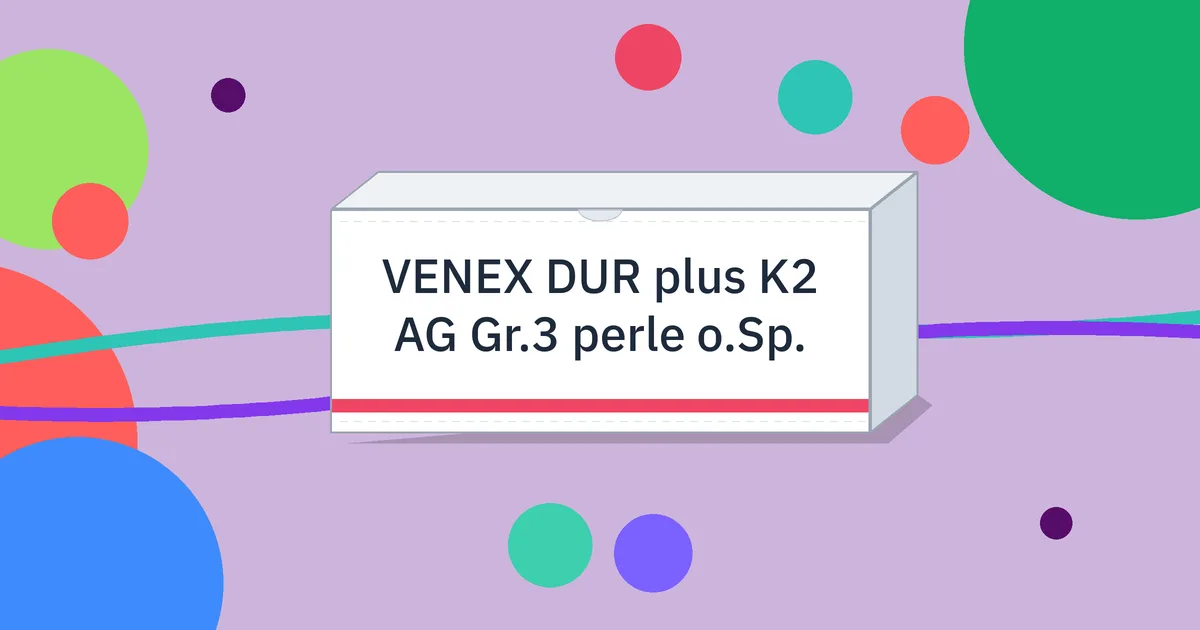 Symbolbild: Packung mit der Aufschrift VENEX DUR plus K2 AG Gr.3 perle o.Sp. (PZN 03235809) – Verfügbarkeit und Bezug in Apotheken in Frankfurt am Main