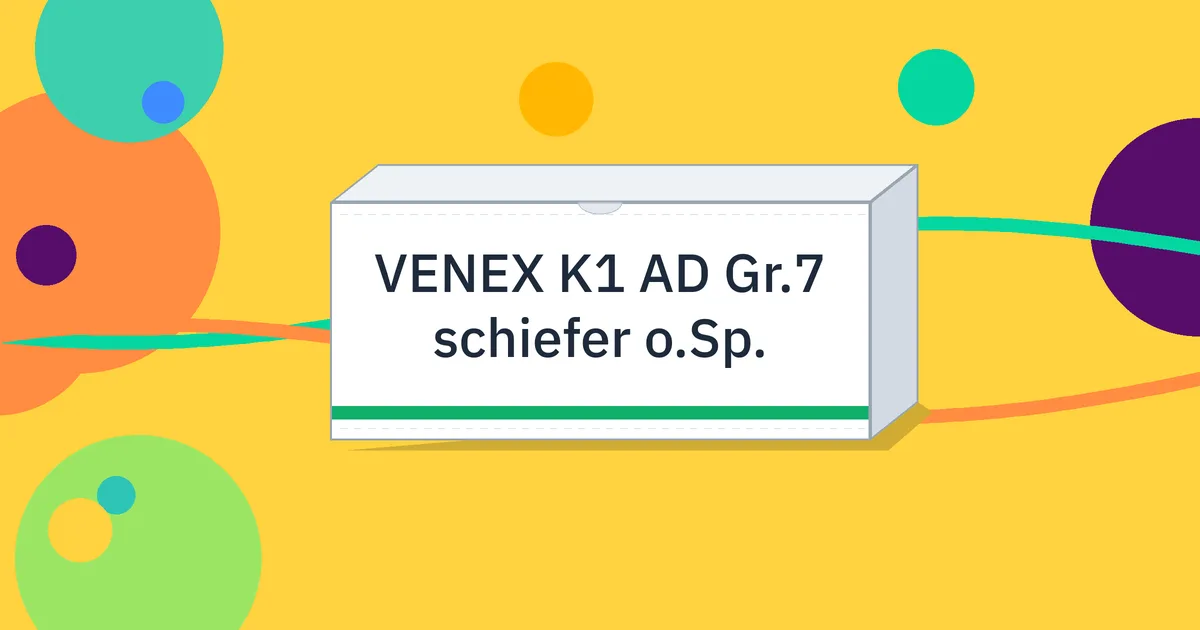 Symbolbild: Packung mit der Aufschrift VENEX K1 AD Gr.7 schiefer o.Sp. (PZN 03186005) – Verfügbarkeit und Bezug in Apotheken in Frankfurt am Main