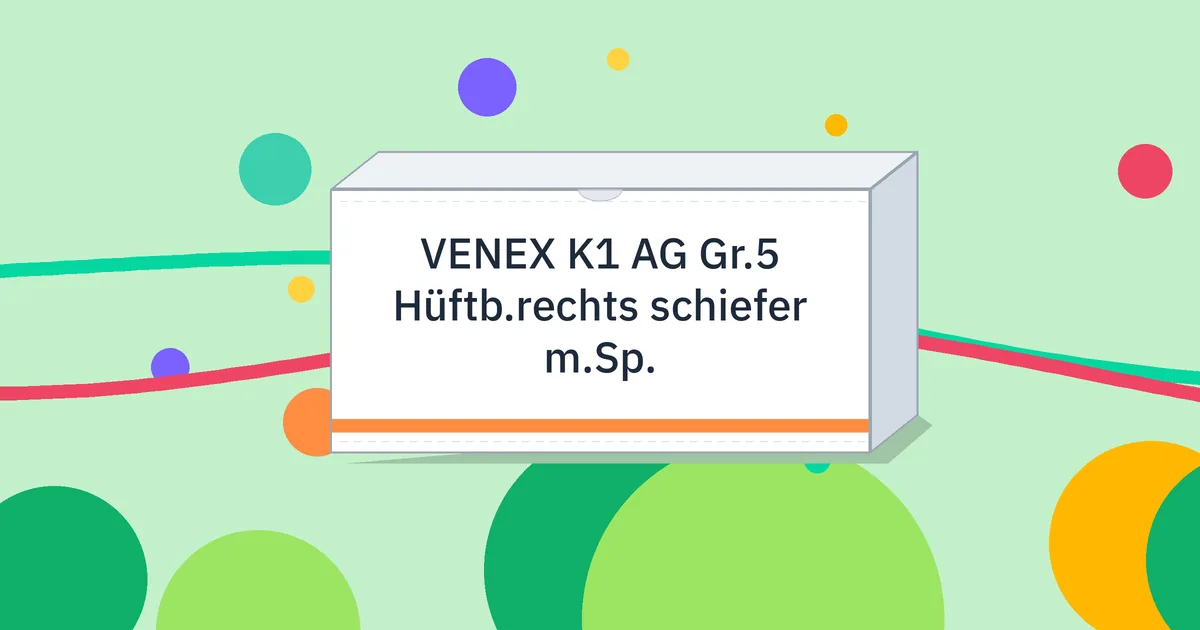 Symbolbild: Packung mit der Aufschrift VENEX K1 AG Gr.5 Hüftb.rechts schiefer m.Sp. (PZN 03203264) – Verfügbarkeit und Bezug in Apotheken in Frankfurt am Main