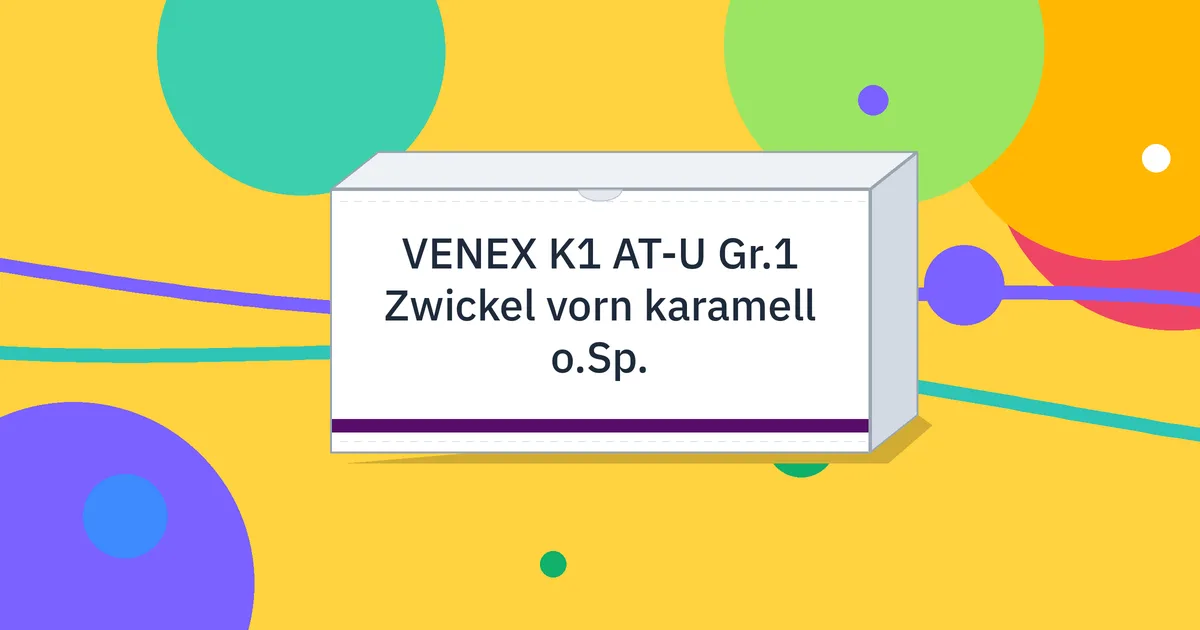 Symbolbild: Packung mit der Aufschrift VENEX K1 AT-U Gr.1 Zwickel vorn karamell o.Sp. (PZN 13759399) – Verfügbarkeit und Bezug in Apotheken in Frankfurt am Main