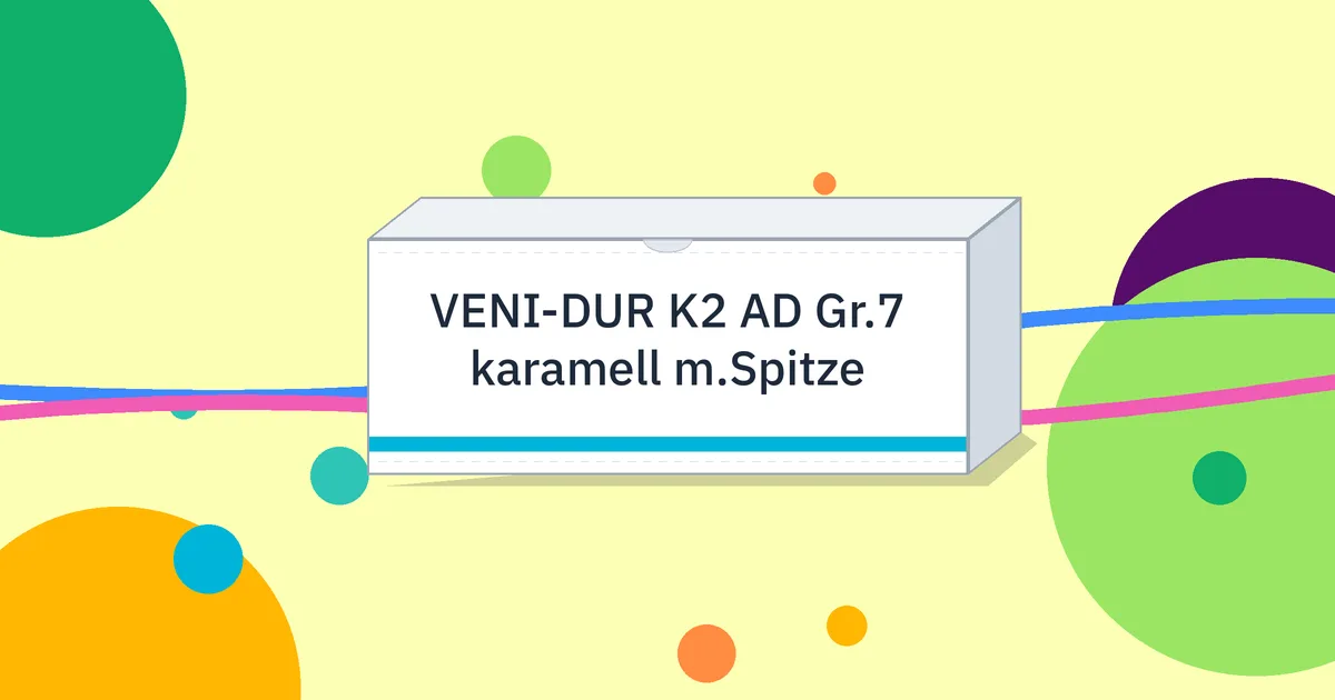 Symbolbild: Packung mit der Aufschrift VENI-DUR K2 AD Gr.7 karamell m.Spitze (PZN 13756231) – Verfügbarkeit und Bezug in Apotheken in Frankfurt am Main