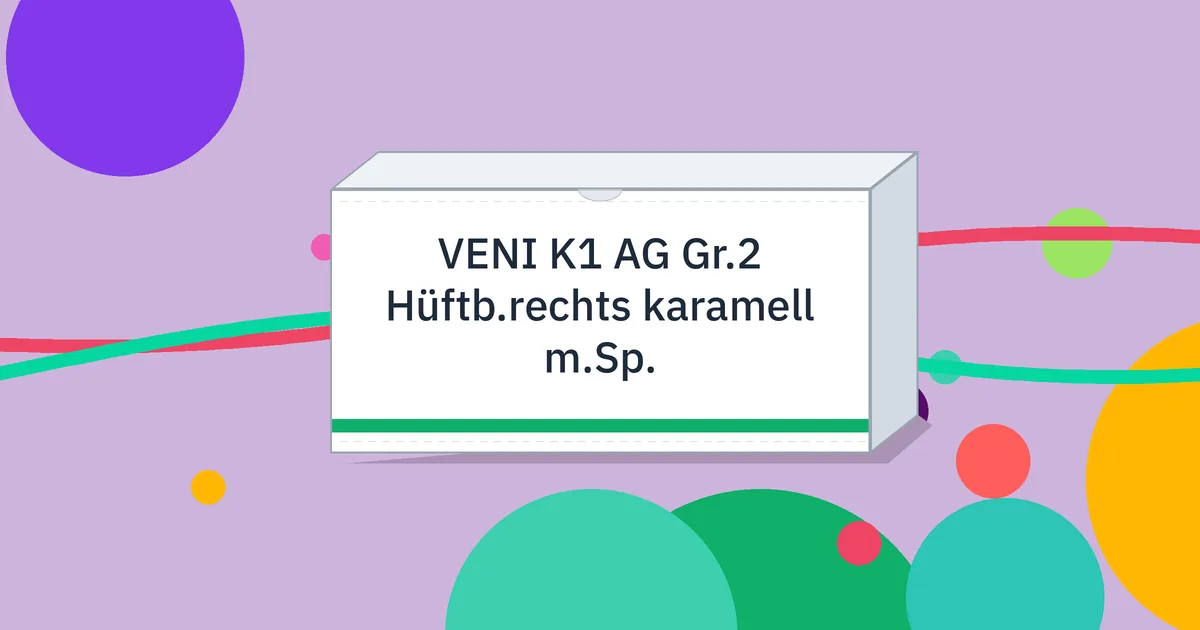 Symbolbild: Packung mit der Aufschrift VENI K1 AG Gr.2 Hüftb.rechts karamell m.Sp. (PZN 13759991) – Verfügbarkeit und Bezug in Apotheken in Frankfurt am Main