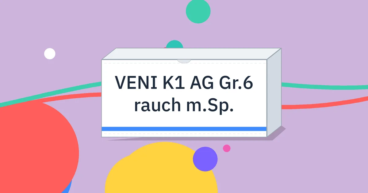Symbolbild: Packung mit der Aufschrift VENI K1 AG Gr.6 rauch m.Sp. (PZN 08677274) – Verfügbarkeit und Bezug in Apotheken in Frankfurt am Main