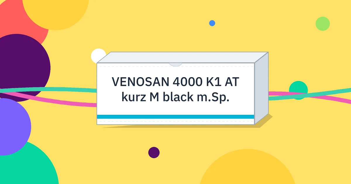 Symbolbild: Packung mit der Aufschrift VENOSAN 4000 K1 AT kurz M black m.Sp. (PZN 14426725) – Verfügbarkeit und Bezug in Apotheken in Frankfurt am Main