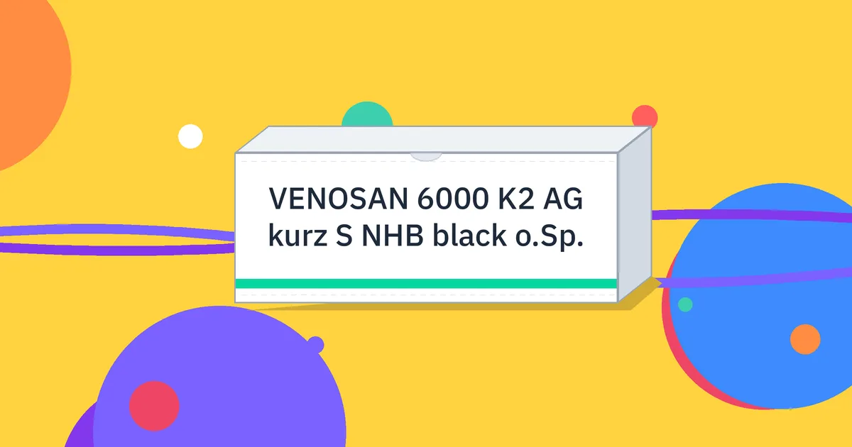 Symbolbild: Packung mit der Aufschrift VENOSAN 6000 K2 AG kurz S NHB black o.Sp. (PZN 17172923) – Verfügbarkeit und Bezug in Apotheken in Frankfurt am Main