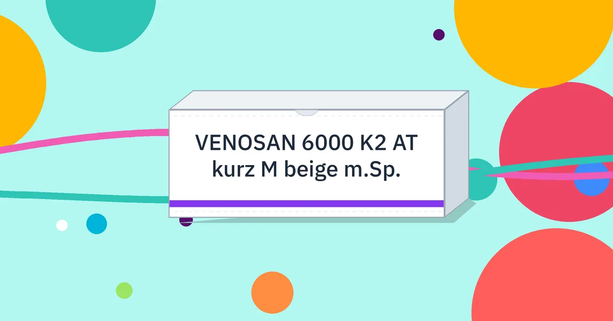 Symbolbild: Packung mit der Aufschrift VENOSAN 6000 K2 AT kurz M beige m.Sp. (PZN 17173207) – Verfügbarkeit und Bezug in Apotheken in Frankfurt am Main