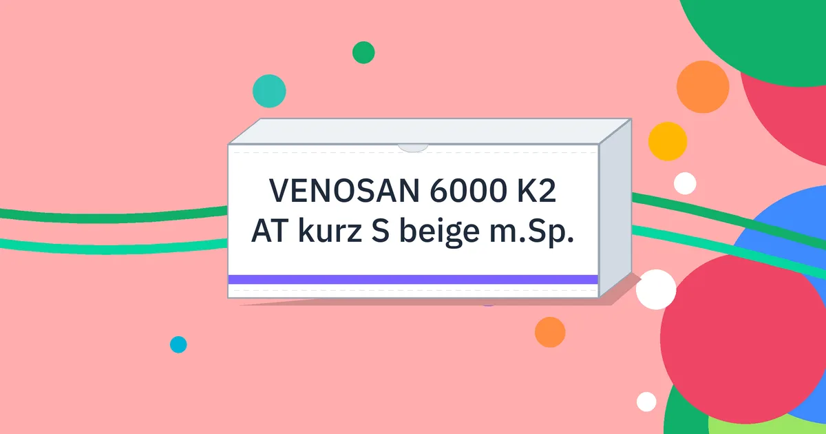 Symbolbild: Packung mit der Aufschrift VENOSAN 6000 K2 AT kurz S beige m.Sp. (PZN 17173199) – Verfügbarkeit und Bezug in Apotheken in Frankfurt am Main