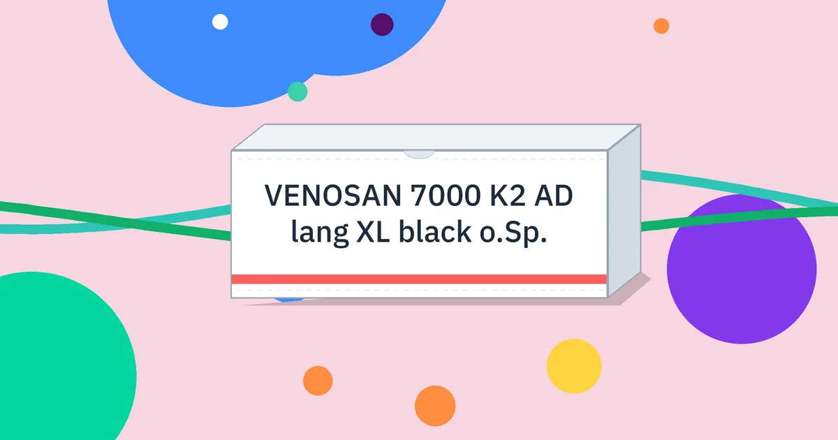 Symbolbild: Packung mit der Aufschrift VENOSAN 7000 K2 AD lang XL black o.Sp. (PZN 14435552) – Verfügbarkeit und Bezug in Apotheken in Frankfurt am Main