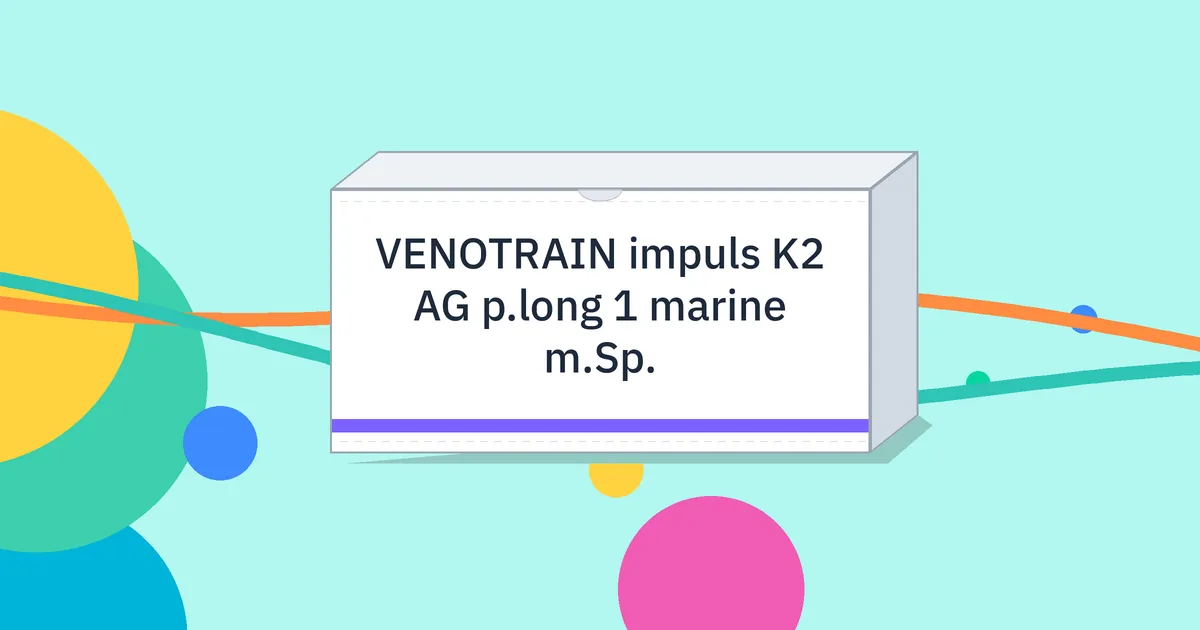 Symbolbild: Packung mit der Aufschrift VENOTRAIN impuls K2 AG p.long 1 marine m.Sp. (PZN 15211872) – Verfügbarkeit und Bezug in Apotheken in Frankfurt am Main