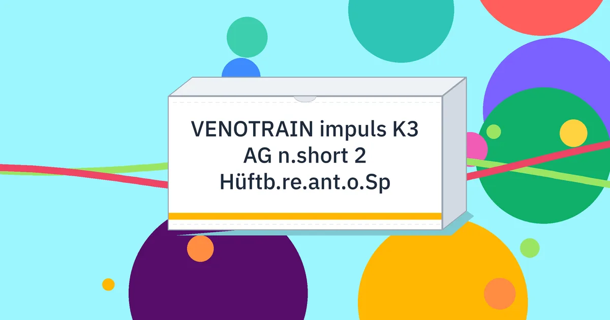 Symbolbild: Packung mit der Aufschrift VENOTRAIN impuls K3 AG n.short 2 Hüftb.re.ant.o.Sp (PZN 15218437) – Verfügbarkeit und Bezug in Apotheken in Frankfurt am Main