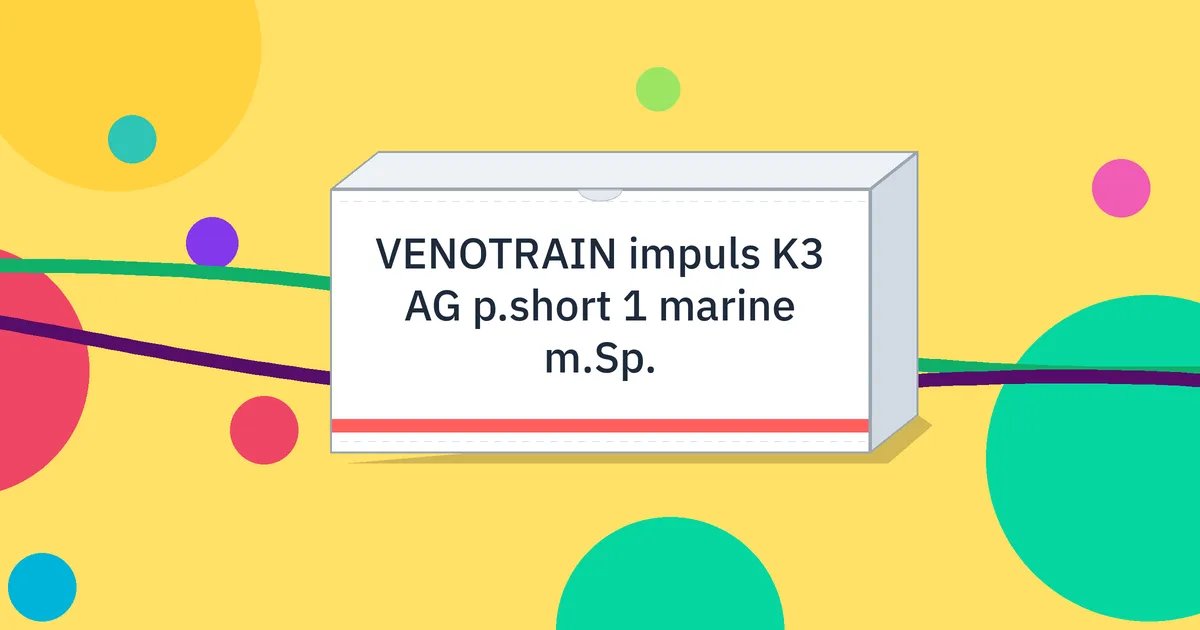 Symbolbild: Packung mit der Aufschrift VENOTRAIN impuls K3 AG p.short 1 marine m.Sp. (PZN 15212972) – Verfügbarkeit und Bezug in Apotheken in Frankfurt am Main