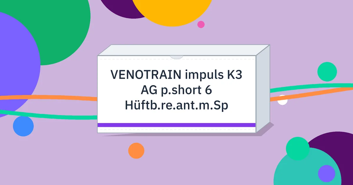 Symbolbild: Packung mit der Aufschrift VENOTRAIN impuls K3 AG p.short 6 Hüftb.re.ant.m.Sp (PZN 15218319) – Verfügbarkeit und Bezug in Apotheken in Frankfurt am Main