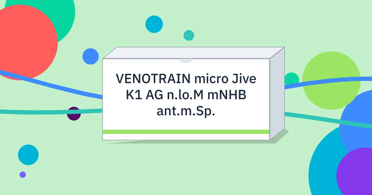 Symbolbild: Packung mit der Aufschrift VENOTRAIN micro Jive K1 AG n.lo.M mNHB ant.m.Sp. (PZN 17761045) – Verfügbarkeit und Bezug in Apotheken in Frankfurt am Main