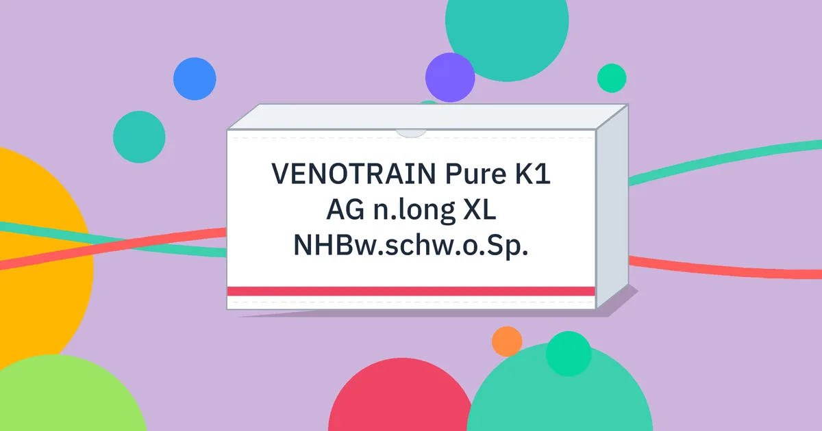 Symbolbild: Packung mit der Aufschrift VENOTRAIN Pure K1 AG n.long XL NHBw.schw.o.Sp. (PZN 18146187) – Verfügbarkeit und Bezug in Apotheken in Frankfurt am Main