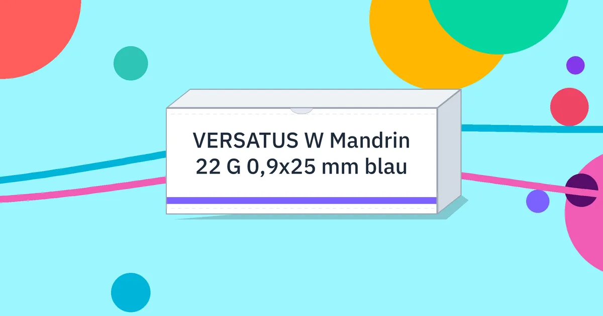Symbolbild: Packung mit der Aufschrift VERSATUS W Mandrin 22 G 0,9x25 mm blau (PZN 15590467) – Verfügbarkeit und Bezug in Apotheken in Frankfurt am Main