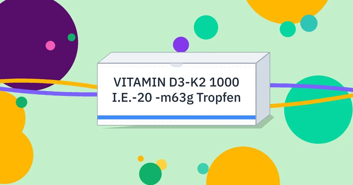 Symbolbild: Packung mit der Aufschrift VITAMIN D3-K2 1000 I.E.-20 -m63g Tropfen (PZN 15821458) – Verfügbarkeit und Bezug in Apotheken in Frankfurt am Main