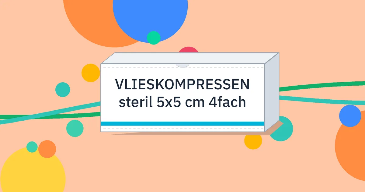 Symbolbild: Packung mit der Aufschrift VLIESKOMPRESSEN steril 5x5 cm 4fach (PZN 04808271) – Verfügbarkeit und Bezug in Apotheken in Frankfurt am Main
