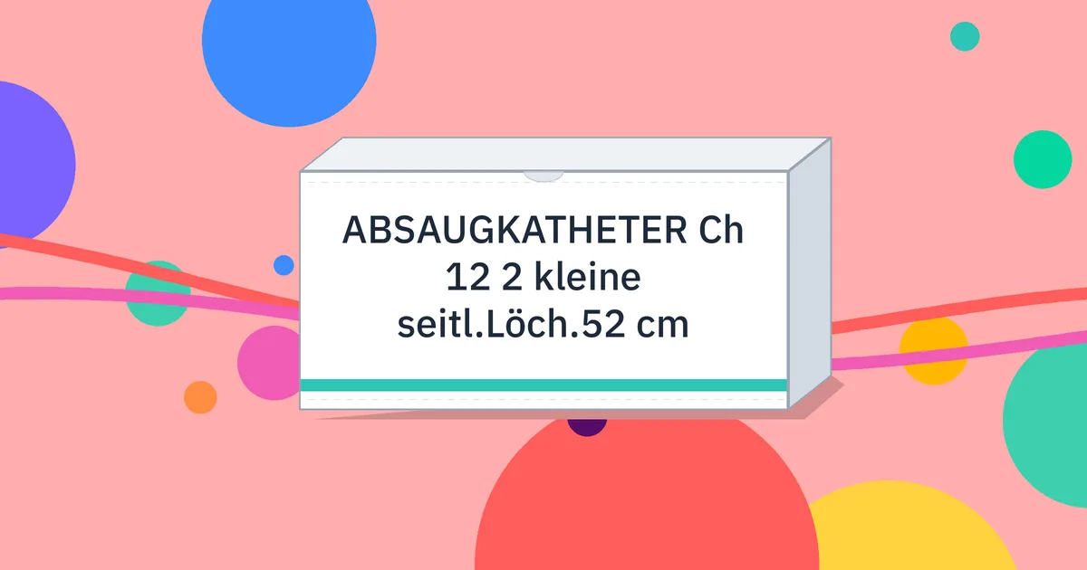 Symbolbild: Packung mit der Aufschrift ABSAUGKATHETER Ch 12 2 kleine seitl.Löch.52 cm (PZN 09091820) – Verfügbarkeit und Bezug in Apotheken in Frankfurt am Main