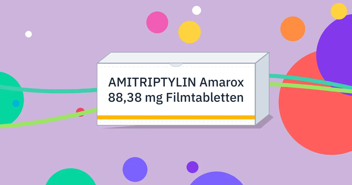 Symbolbild: Packung mit der Aufschrift AMITRIPTYLIN Amarox 88,38 mg Filmtabletten (PZN 19276584) – Verfügbarkeit und Bezug in Apotheken in Frankfurt am Main