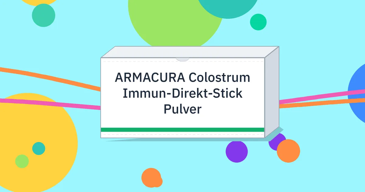 Symbolbild: Packung mit der Aufschrift ARMACURA Colostrum Immun-Direkt-Stick Pulver (PZN 18848239) – Verfügbarkeit und Bezug in Apotheken in Frankfurt am Main