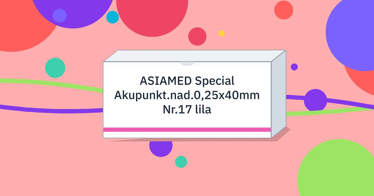 Symbolbild: Packung mit der Aufschrift ASIAMED Special Akupunkt.nad.0,25x40mm Nr.17 lila (PZN 18321880) – Verfügbarkeit und Bezug in Apotheken in Frankfurt am Main