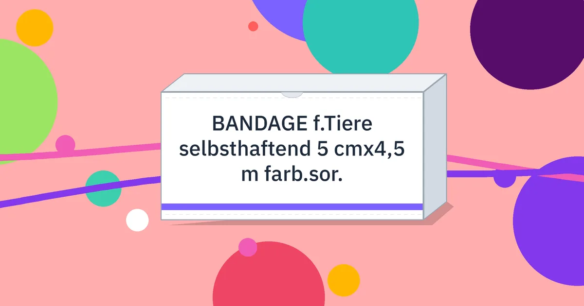 Symbolbild: Packung mit der Aufschrift BANDAGE f.Tiere selbsthaftend 5 cmx4,5 m farb.sor. (PZN 09230813) – Verfügbarkeit und Bezug in Apotheken in Frankfurt am Main