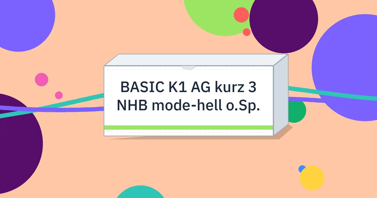 Symbolbild: Packung mit der Aufschrift BASIC K1 AG kurz 3 NHB mode-hell o.Sp. (PZN 20260499) – Verfügbarkeit und Bezug in Apotheken in Frankfurt am Main