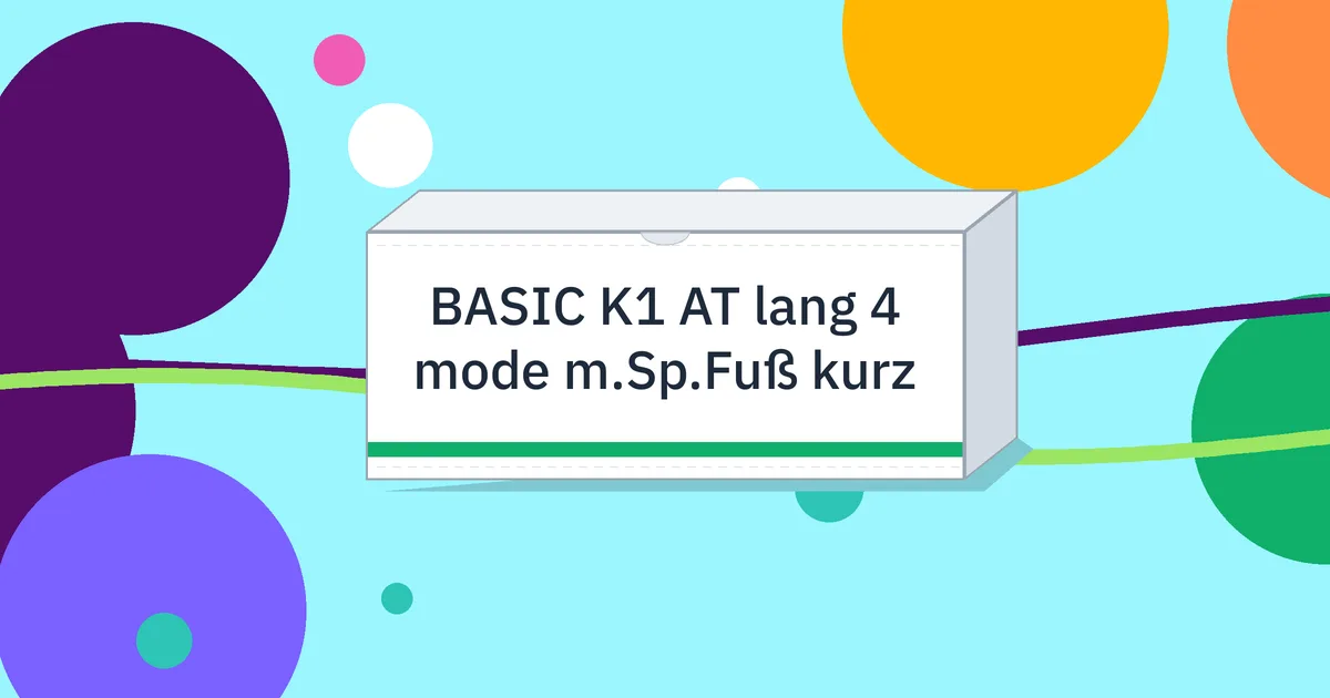 Symbolbild: Packung mit der Aufschrift BASIC K1 AT lang 4 mode m.Sp.Fuß kurz (PZN 20262883) – Verfügbarkeit und Bezug in Apotheken in Frankfurt am Main