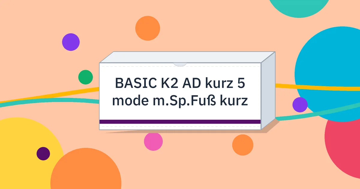 Symbolbild: Packung mit der Aufschrift BASIC K2 AD kurz 5 mode m.Sp.Fuß kurz (PZN 20265491) – Verfügbarkeit und Bezug in Apotheken in Frankfurt am Main