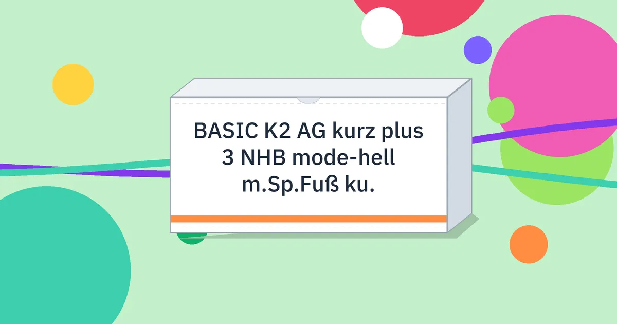 Symbolbild: Packung mit der Aufschrift BASIC K2 AG kurz plus 3 NHB mode-hell m.Sp.Fuß ku. (PZN 20267194) – Verfügbarkeit und Bezug in Apotheken in Frankfurt am Main