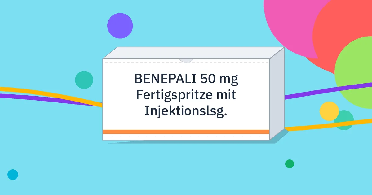 Symbolbild: Packung mit der Aufschrift BENEPALI 50 mg Fertigspritze mit Injektionslsg. (PZN 12365758) – Verfügbarkeit und Bezug in Apotheken in Frankfurt am Main