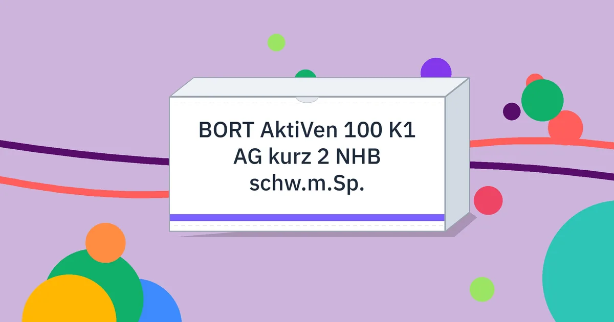 Symbolbild: Packung mit der Aufschrift BORT AktiVen 100 K1 AG kurz 2 NHB schw.m.Sp. (PZN 14388396) – Verfügbarkeit und Bezug in Apotheken in Frankfurt am Main