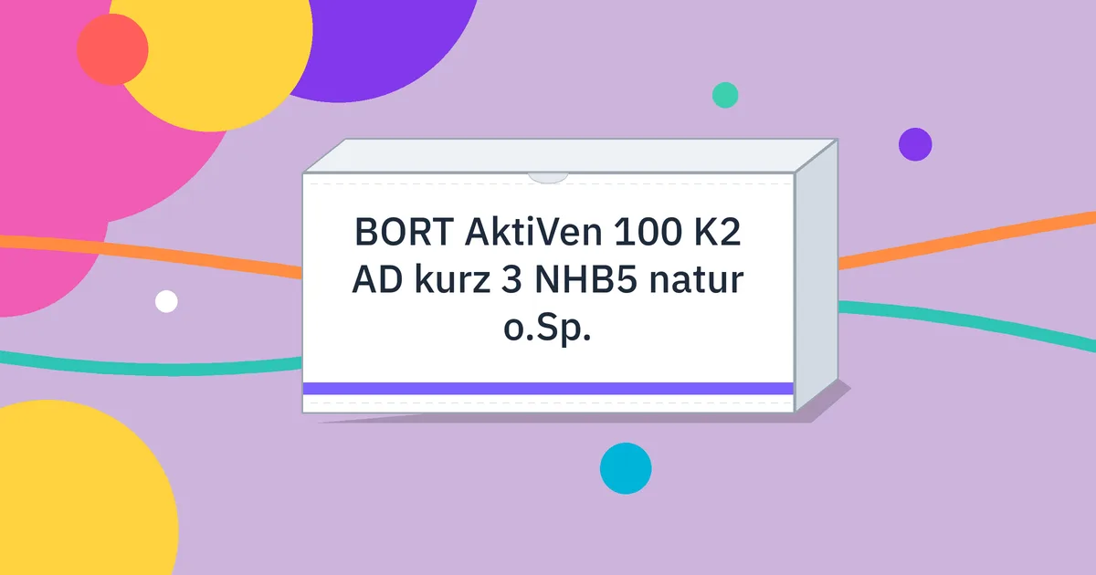 Symbolbild: Packung mit der Aufschrift BORT AktiVen 100 K2 AD kurz 3 NHB5 natur o.Sp. (PZN 17493892) – Verfügbarkeit und Bezug in Apotheken in Frankfurt am Main