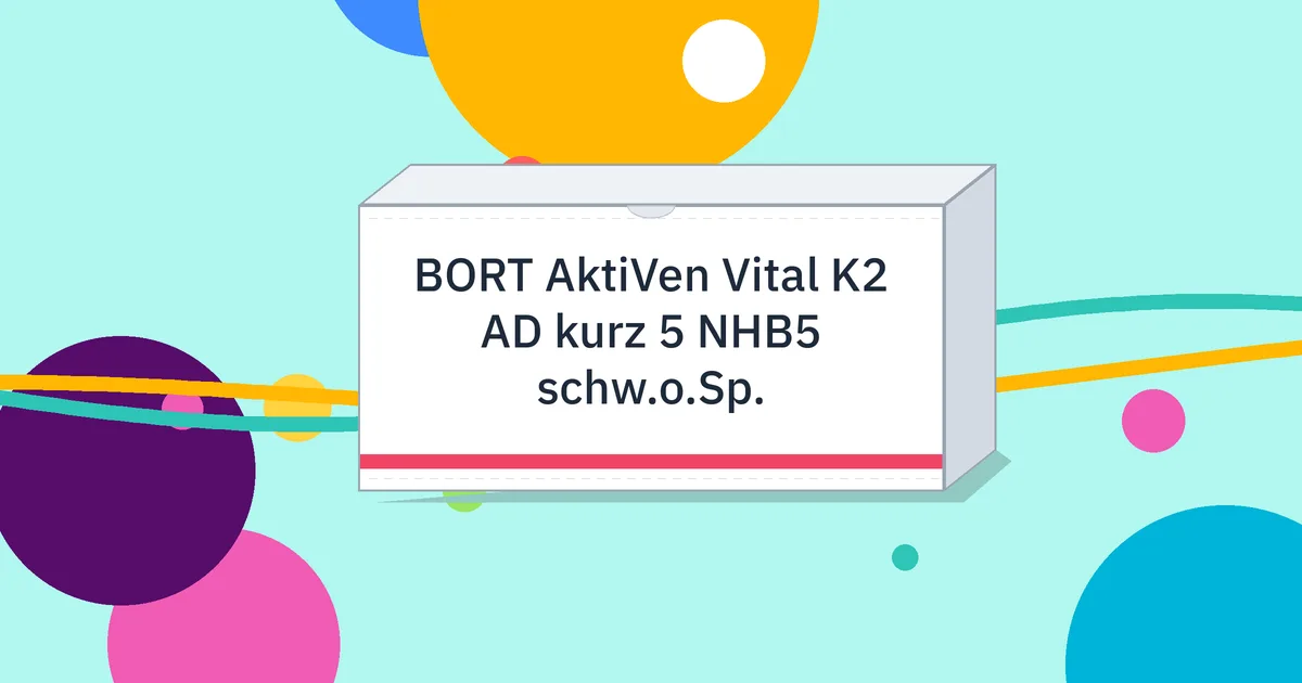 Symbolbild: Packung mit der Aufschrift BORT AktiVen Vital K2 AD kurz 5 NHB5 schw.o.Sp. (PZN 17493202) – Verfügbarkeit und Bezug in Apotheken in Frankfurt am Main